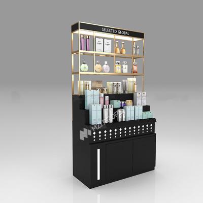 China Black Gold Display Showcase Cosmetic Shop Display Rack with Light Strips for Perfume Shop Display and Cosmetic Store Interior Design for sale