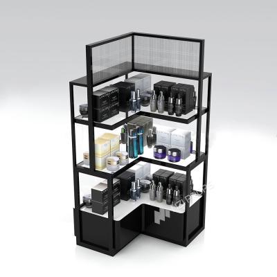 China Black Spray Painting Display Corner Cabinet Cosmetic Store Design For Skincare Shop Interior And Beauty Store Decoration for sale