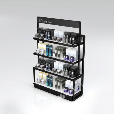 China Wooden & Iron Middle Hall Side Display Stand Skincare Shop Display Shelves With Lightbox For Cosmetic Shop Interior Design for sale