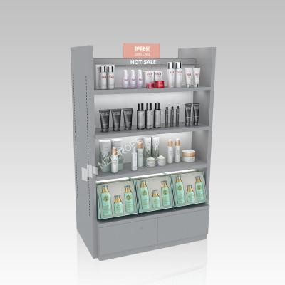 China Skincare Display Cabinet Gray Wooden Beauty Store Display Rack With Adjustable Layer Board For Cosmetic Store Design for sale