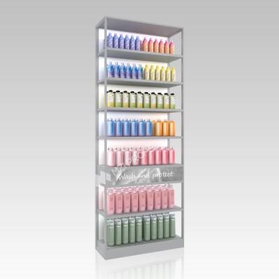 China Skincare Shop Gray Wooden Display Rack  Washing & Care Shelves with Light-box for Cosmetic Shop Fitting and Retail Store Design for sale