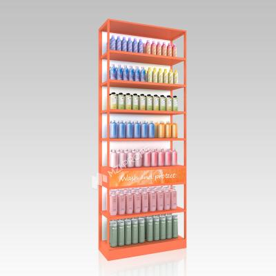 China Cosmetic Cleaning and Care Product Wall Cabinet Orange Wooden Display Rack with Light-box for Retail Store Design for sale
