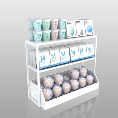 China Multifunctional Promotion Display Rack Skincare Store White Wooden Shelf For Cosmetic Shop Design for sale