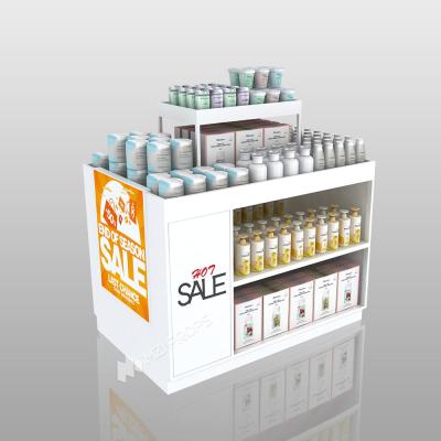 China Customizable Skincare Display Rack White Wooden Universal Promotion Stand For Skincare Store Interior Design for sale
