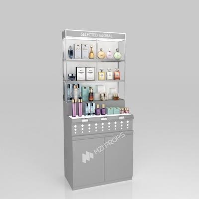 China Beauty Shop Rack Grey Wooden Display Cabinet With Led Lights For Premium Store Counter And Fashion-Forward Shop Table for sale