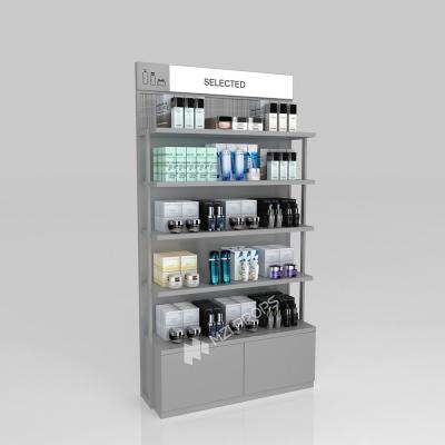 China Perfume Shop Display Grey Wooden Laminated Display Cabinet For Space-Saving Store Showcase And Luxury Shop Cabinet for sale