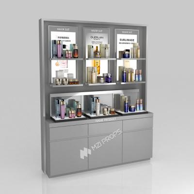 China Beauty Shop Design Grey Wooden Display Cabinet For Branding Store Display Furniture And Space-Saving Display Table for sale