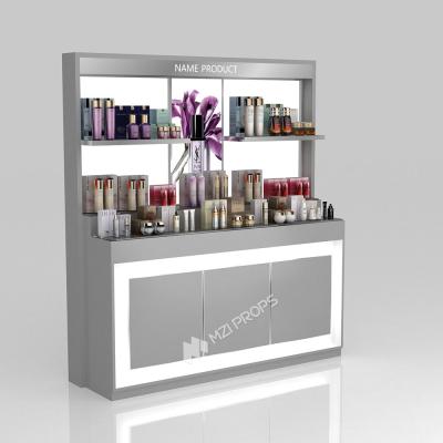 China Retail Store Decoration Grey Wooden Display Cabinet With Light Box For Smart Display Shelf And Luxury Display Rack for sale