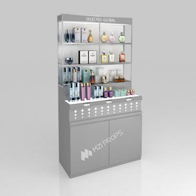 China Retail Store Shelf  Grey Wooden Display Cabinet With Led Lights For Customized Store Design And Branding Store Cabinet for sale