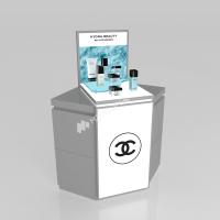 China Display Stand Grey Wooden Corner Cabinet With Light Box For Customized Shop Display Furniture And Branding Display Counter for sale