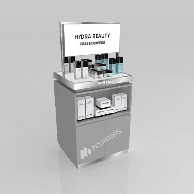 China Display Counter Grey Wooden Boutique Edge Cabinet With Light Box For Trendy Shop Display Furniture And Branded Shop Shelf for sale