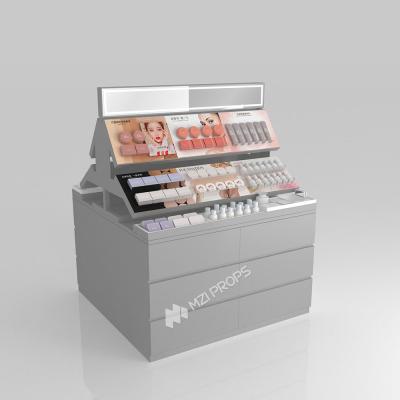 China Store Stand Grey Wooden Staircase Makeup Island For Branding Display Furniture And Premium Shop Counter for sale