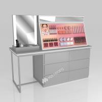 China Retail Shop Table Gray Wooden Makeup With Embedded Lights Around The Island For Space-Saving Store Display Furniture And Premium Store Stand for sale