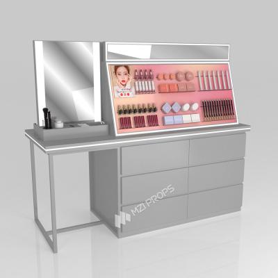 China Retail Shop Table Gray Wooden Makeup With Embedded Lights Around The Island For Space-Saving Store Display Furniture And Premium Store Stand for sale