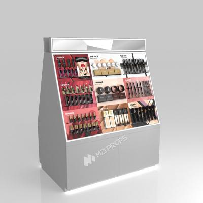 China Shop Counter Grey Wooden Makeup Island For Branded Shop Display Space-Saving Shop Counter for sale