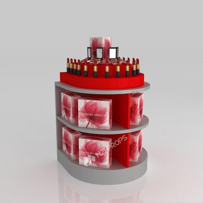 China Retail Display Table Grey Wood Makeup End For Branding Shop Stand And Trendy Shop Rack for sale