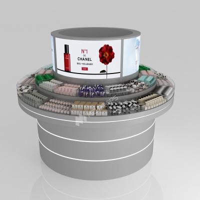 China Retail Store Design Grey Wooden Sample Island For Space-Saving Shop Table And Cost-Effective Store Stand for sale