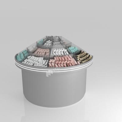 China Retail Store Decoration Grey Wooden Sample Island For Space-Saving Shop Cabinet And Cost-Effective Store Shelf for sale