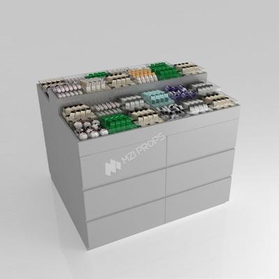 China Retail Display Furniture Grey Wooden Sample Island For Premium Display Stand And Luxury Display Table for sale