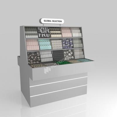 China Retail Shop Furniture Grey Wooden Sample Island For Space-Saving Store Showcase And Premium Display Showcase for sale