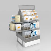 China Retail Store Stand Grey Wooden Island Cabinet For Space-Saving Shop Table And Branding Shop Display for sale