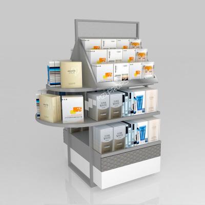 China Retail Store Stand Grey Wooden Island Cabinet For Space-Saving Shop Table And Branding Shop Display for sale