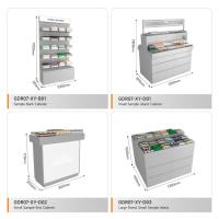 China Retail Shop Display Grey Wooden Sample Island For Space-Saving Store Table And Premium Display Table for sale