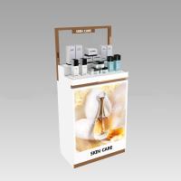 China Beauty Display Cabinet Platinum Wooden Central Hall Cabinet With LED Lights For Branding Store Interior Design And Luxury Skincare Shop Fitting for sale