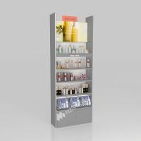 China Cosmetic Shop Shelf Grey Oiled Wooden Board Skincare Back Cabinet With Light Box For Compact Shop Counter And Trendy Display Cabinet for sale