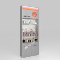 China Cosmetic Shop Furniture Grey Oiled Wooden Board Skincare Back Cabinet With Light Box For Fashion-Forward Store Decoration And Space-Saving Display Rack for sale