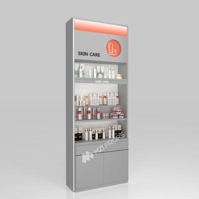 China Cosmetic Shop Furniture Grey Oiled Wooden Board Skincare Back Cabinet With Light Box For Fashion-Forward Store Decoration And Space-Saving Display Rack for sale