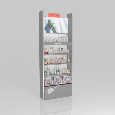 China Retail Display Stand Grey Oiled Wooden Board Skincare Back Cabinet With Light Box For Branded Store Fixtures And Premium Shop Interior Design for sale
