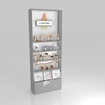 China Cosmetic Shop Decoration Grey Wooden Skincare Cabinet With Light Box For Branded Display Furniture And Cost-Effective Shop Shelf for sale