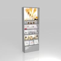 China Retail Display Counter Grey Wooden Skincare Cabinet With Light Box For Visual Merchandising Store Display Furniture And Space-Saving Shop Table for sale
