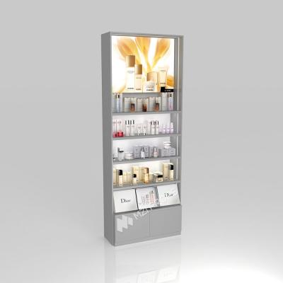 China Retail Display Counter Grey Wooden Skincare Cabinet With Light Box For Visual Merchandising Store Display Furniture And Space-Saving Shop Table for sale