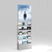 China Skincare Display Showcase Grey Transparent High Cabinet With Double-Sided Light Box For Space-Saving Store Fixtures And Premium Store Display for sale