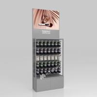 China Makeup Display Counter Grey Oil Board Pendant With Light Box On The Back Cabinet For Cost-Effective Store Table And Luxury Display Shelf for sale