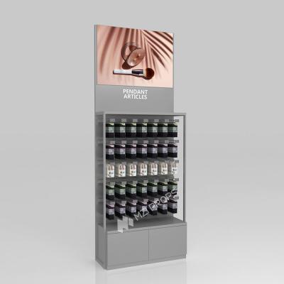 China Makeup Display Counter Grey Oil Board Pendant With Light Box On The Back Cabinet For Cost-Effective Store Table And Luxury Display Shelf for sale