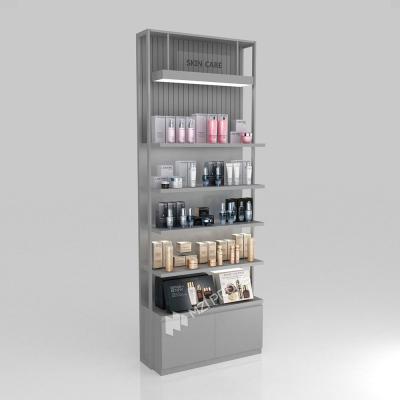 China Makeup Store Table Grey Oiled Wooden Skincare Cabinet With Led Lights For Retail Store Interior Design And Space-Saving Display Counter for sale