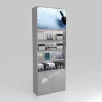 China Makeup Shop Design Grey Oiled Wooden Board Skincare Back Cabinet With Light Box For Branded Shop Table And Premium Display Counter for sale