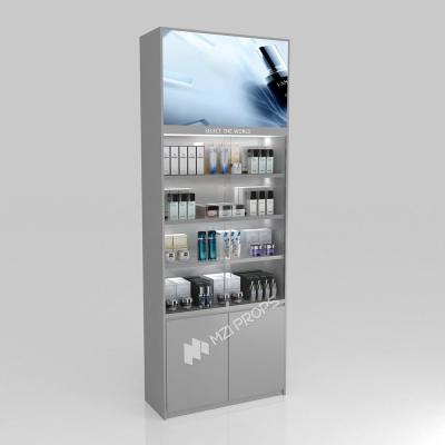 China Makeup Shop Design Grey Oiled Wooden Board Skincare Back Cabinet With Light Box For Branded Shop Table And Premium Display Counter for sale