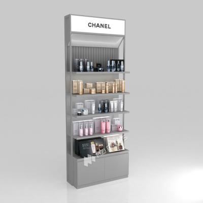 China Skincare Display Rack Grey Oiled Wooden Skincare Cabinet With Led Lights For Multi-Functional Shop Counter And  Branded Display Stand for sale