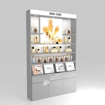 China Skincare Store Showcase  Grey Wooden Skincare Cabinet With Light Box For Luxury Display Counter And Branded Shop Rack for sale