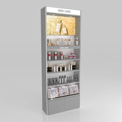 China Retail Shop Design Grey Oiled Wooden Skincare Cabinet With Led Lights For Customized Shop Display And Branding Shop Stand for sale