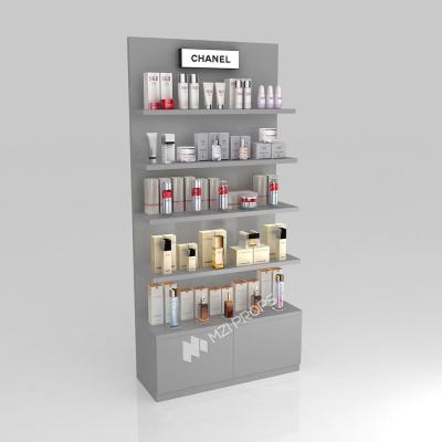 China Beauty Shop Shelf Grey Wooden Counter With Light Box For Trendy Display Showcase And Space-Saving Display Shelf for sale