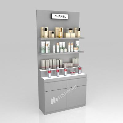China Retail Store Showcase Grey Wooden Counter With Light Box For Space-Saving Store Stand And Premium Display Counter for sale