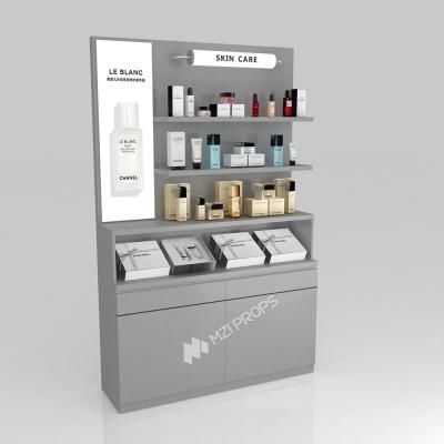 China Skincare Display Table Grey Wooden Counter With Thick Soft Film Light Box For Compact Shop Cabinet And Premium Shop Display for sale