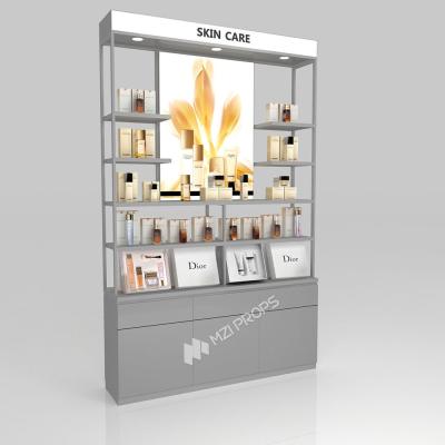 China Beauty Store Table Grey Transparent High Cabinet With Double-Sided Light Box Containing Iron For Customized Shop Fitting And Branded Shop Display Furniture for sale