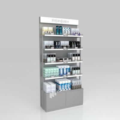 China Perfume Shop Shelf Grey Wooden Counter, Fashionable And Simple With Light Box For Cost-Effective Shop Stand And Multi-Functional Shop Cabinet for sale
