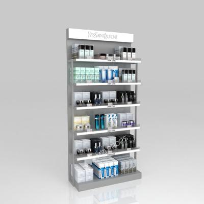 China Skincare Display Table Grey Wooden Counter With Thick Soft Film Light Box For Retail Shop Furniture And Trendy Store Display Furniture for sale